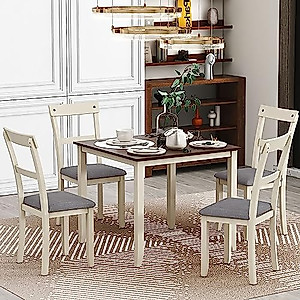 Goozio 5-Piece Kitchen Set with Wood Table and 4 Padded Chairs for Dining Room, Brown+Cottage White