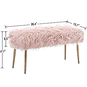 DM Furniture Faux Fur Vanity Bench Fuzzy Entryway Bench Furry Ottoman End of Bed Stool with Gold Metal Legs for Living Room Bedroom Closet, Pink