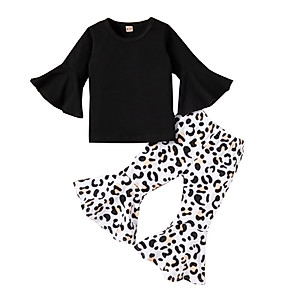 Little Toddler Baby Girl Bell-Bottom Pants Leggings Outfit Flared-Sleeve Top + Leopard Print Flared Trousers Suit