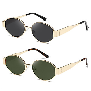 kimorn Oval Sunglasses Womens Men Retro Trendy Sun Glasses Classic Metal Shades K1653 (Gold Grey+Gold Green)