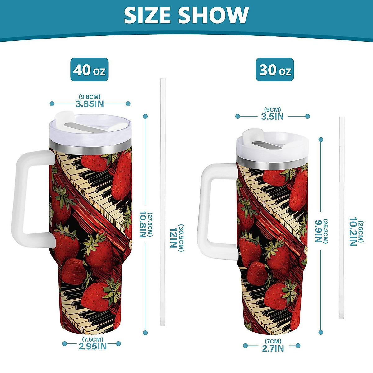 ALAZA Vintage Strawberries Piano Keys Music 40 oz Tumbler Water Bottle with Straw Lid and Handle,Reusable Insulated Stainless Steel Cup for Women Men Travel Car Cup Holder