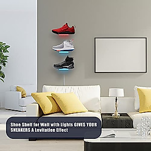 Floating Shoe Display Shelf with Lights Set of 4, Glow Color Changing Sneaker Shelf- Display Sturdy Levitating Clear Acrylic Shoe Wall Shelf Easy to Install with 20-Color LED for Bedroom, Hallway etc