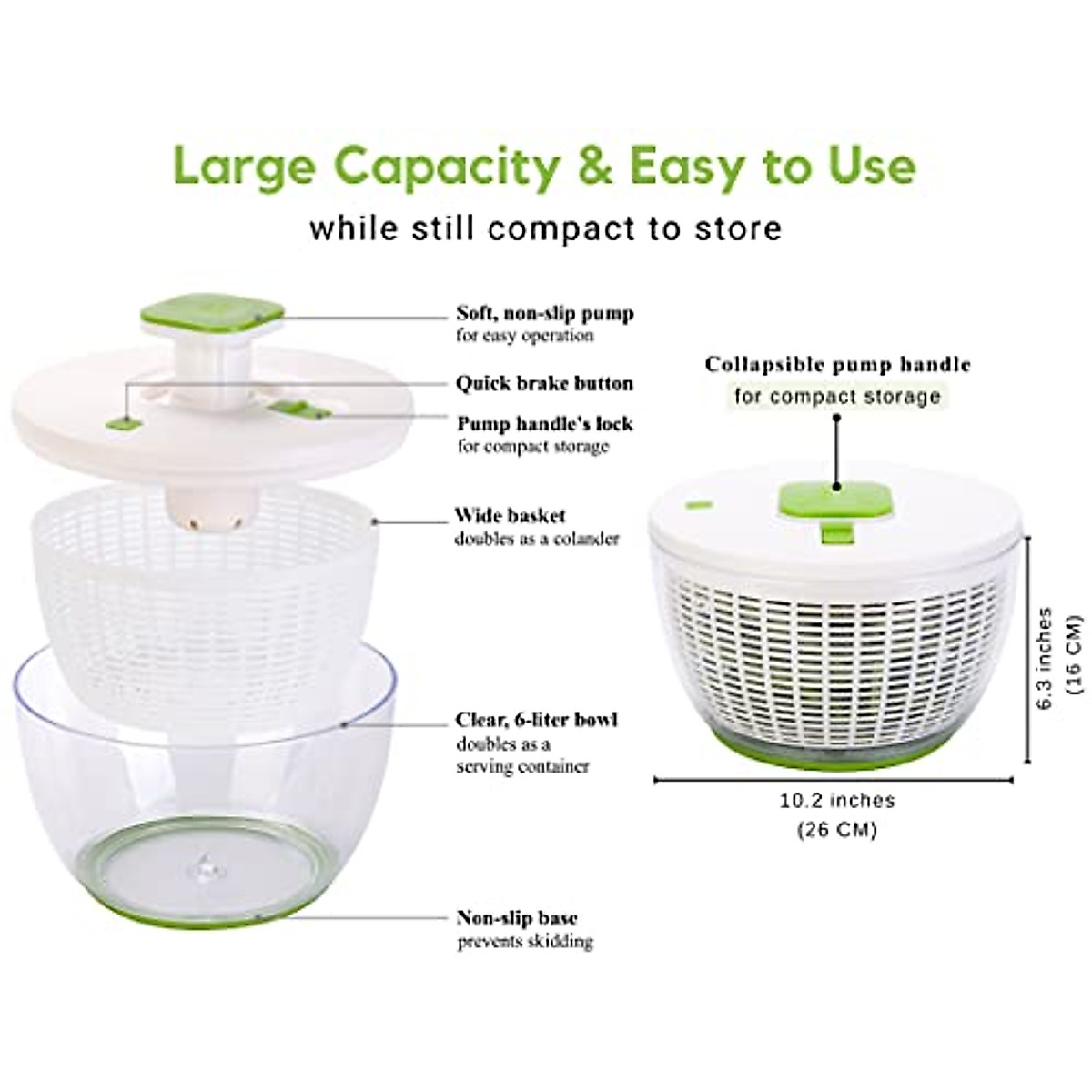 Brieftons QuickPush Salad Spinner: Large 6.3-Quart Vegetable Washer Dryer Strainer Drainer, Easy One-Handed Handle & Brake, Fast Spin Cycles, Compact Storage, to Wash, Clean & Dry Vegetables, Fruits
