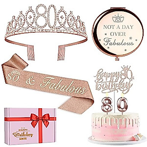80th Birthday Decorations for Women, Including 80th Birthday Crown, Sash, Cake Topper, Candles and a Compact Mirror, Rose Gold Not A Day Over Fabulous 80th Birthday Gifts for Women