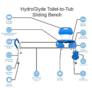 HydroGlyde Sliding Bath Bench with Cutout Seat and Extra Long Travel, Perfect for tub to Toilet transfers.