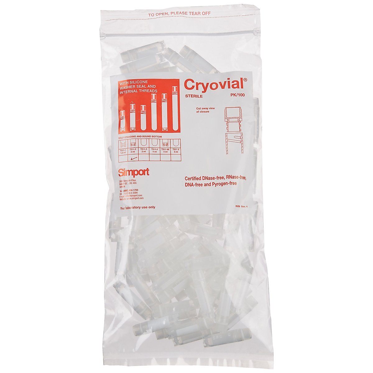 Simport Cryovial T311-2 Polypropylene Vial with Silicone Washer Seal and Internal Threads, Self Standing, 2ml Volume, Case of 1,000