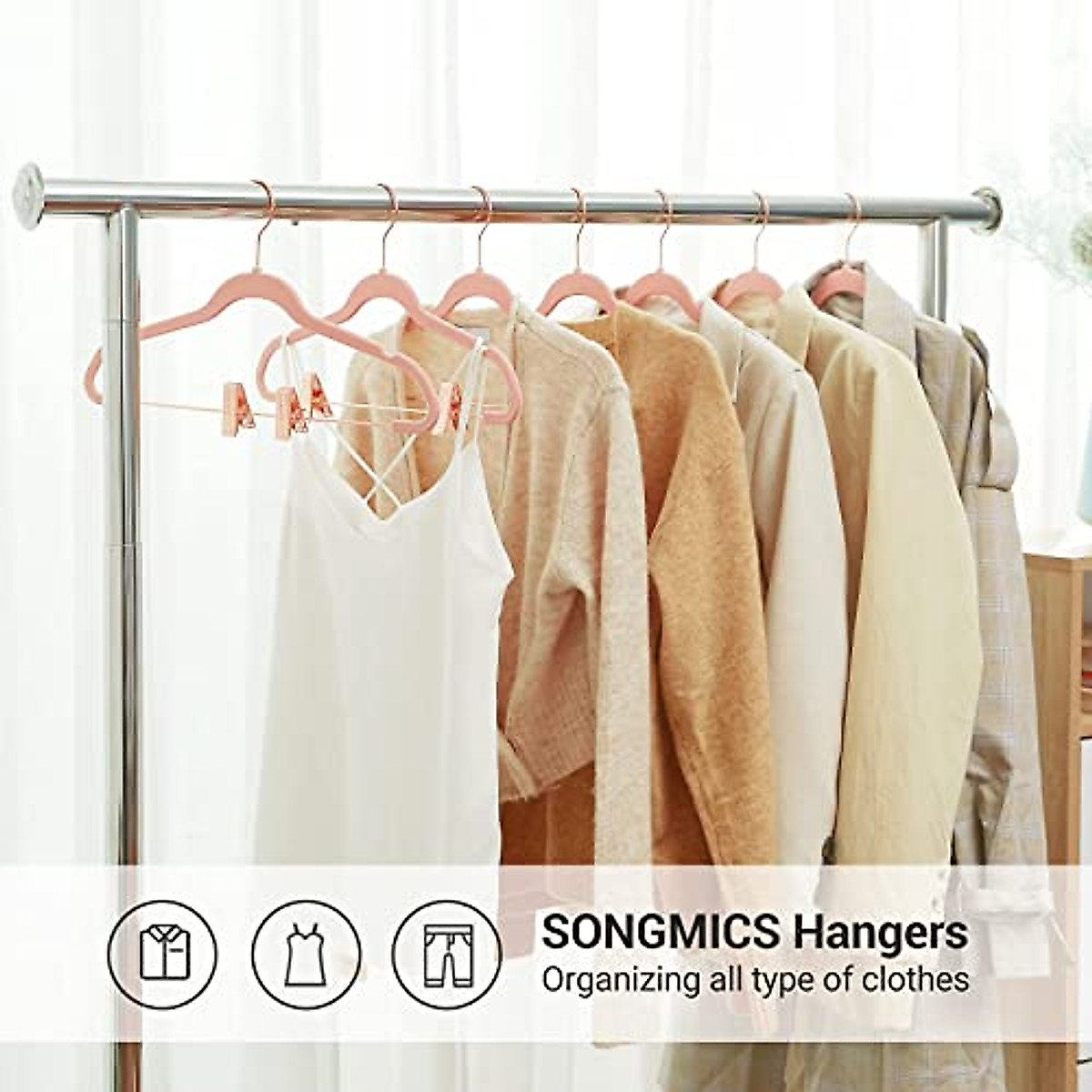 SONGMICS 24 Pack Pants Hangers, 16.7 Inch Coat Hangers with Rose Gold Colored Movable Clips, Heavy-Duty, Non-Slip, Space-Saving, for Pants, Skirts, Dresses, Light Pink UCRF14PK24
