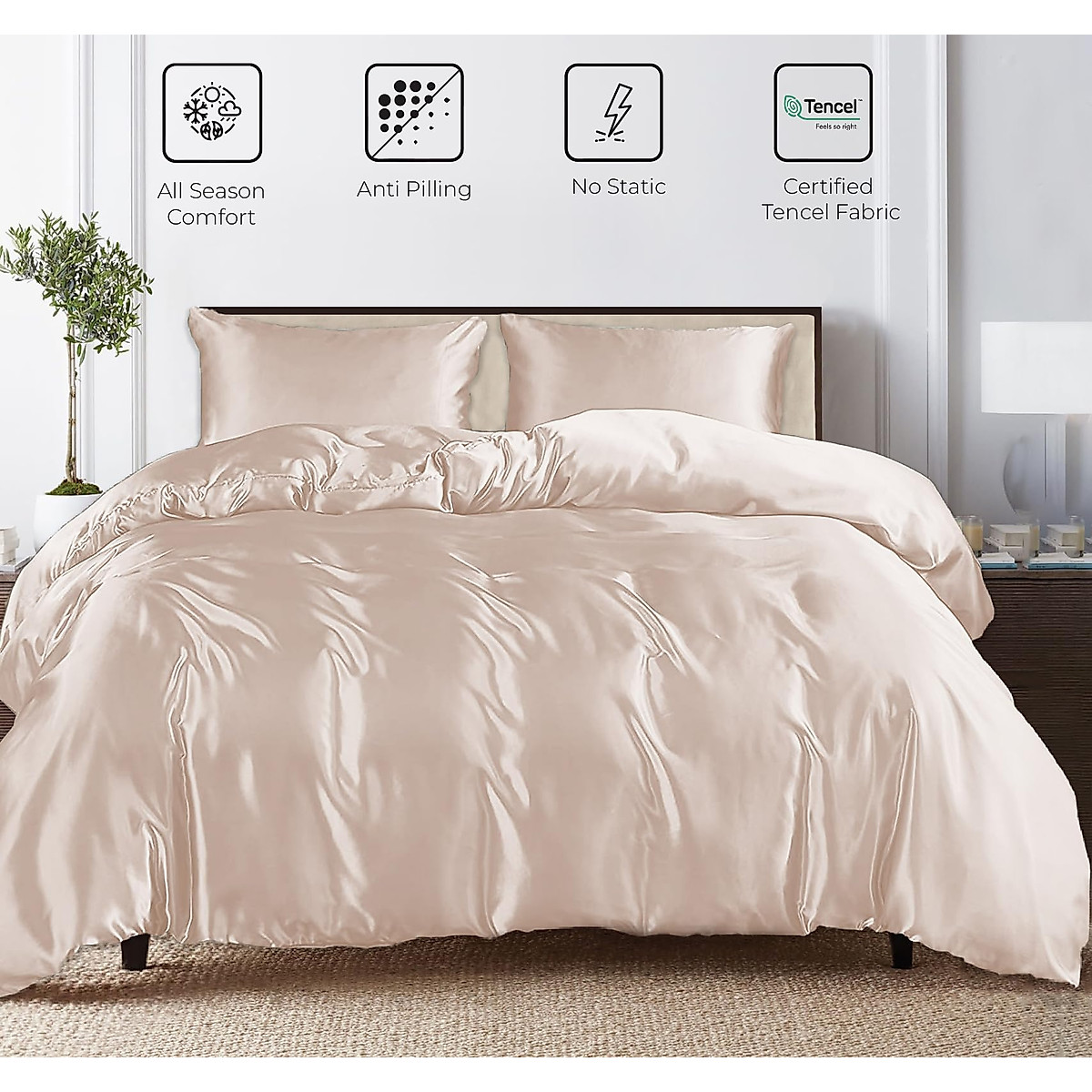 Linenwalas Tencel Lyocell Duvet Cover Set with Deep Pocket Fitted Sheet, Viscose Made from Eucalyptus Soft, Lightweight and Breathable Complete Bedding Set (Taupe, Queen)