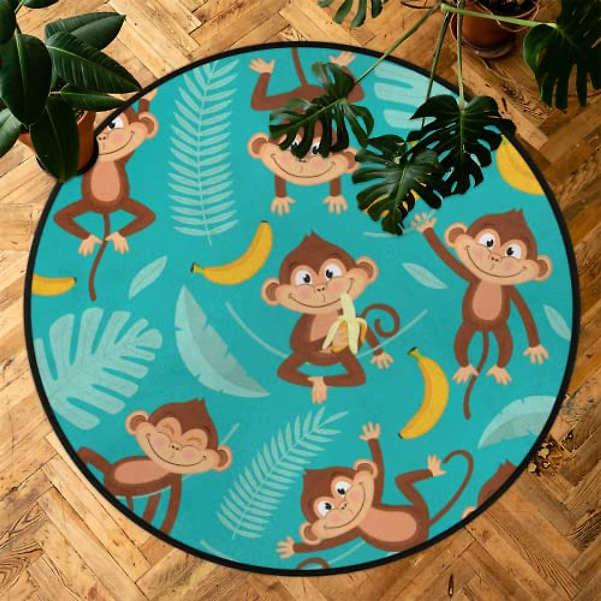 Cute Monkey Round Area Rug, Monkey Banana Non-Slip Circle Rug for Bedroom Living Room Outdoor Study Playing Floor Mat Carpet, 5.2' Diameter