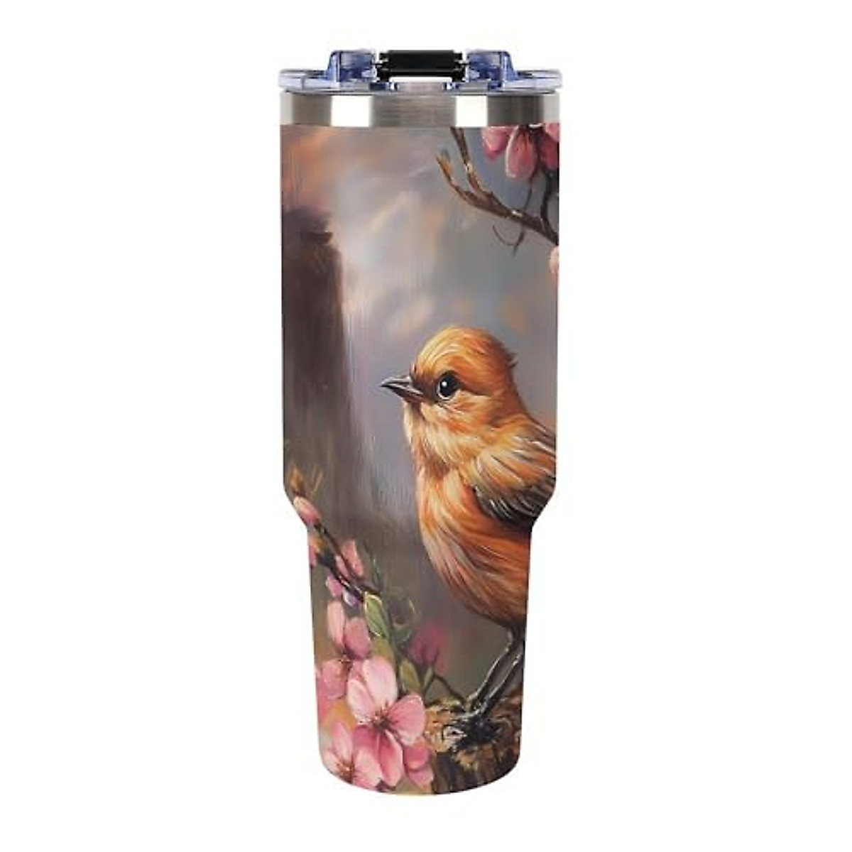 Oil Painting Bird And Flowers 40oz Water Bottle Double Wall Insulated Tumbler with Handle Leakproof Travel Mug Black-style