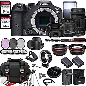 Canon EOS R7 Mirrorless Camera w/RF-S 18-45mm f/4.5-6.3 is STM Lens + EF 75-300mm f/4-5.6 III Lens + EF 50mm f/1.8 STM Lens + 2X 64GB Memory + Hood + Case + Filters + Tripod & More (35pc Bundle)