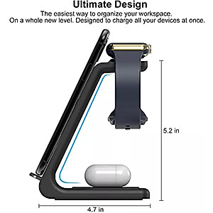 3 in 1 Charging Station - Wireless Charger for iPhone, Apple Watch & AirPods - Fast Charging Stand Dock for Qi-Enabled Phones, Samsung, Android, Smart Watch, Bluetooth Headset