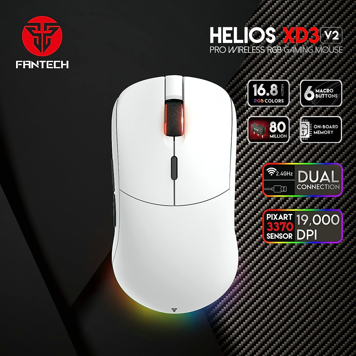 FANTECH Helios XD3 V2 Symmetrical Wireless RGB Gaming Mouse, PixArt 3370 19,000 DPI Kailh Switches 6 Programmable Buttons Professional Grade Small Size Mouse, Dual Modes Mouse, XD3V2 White