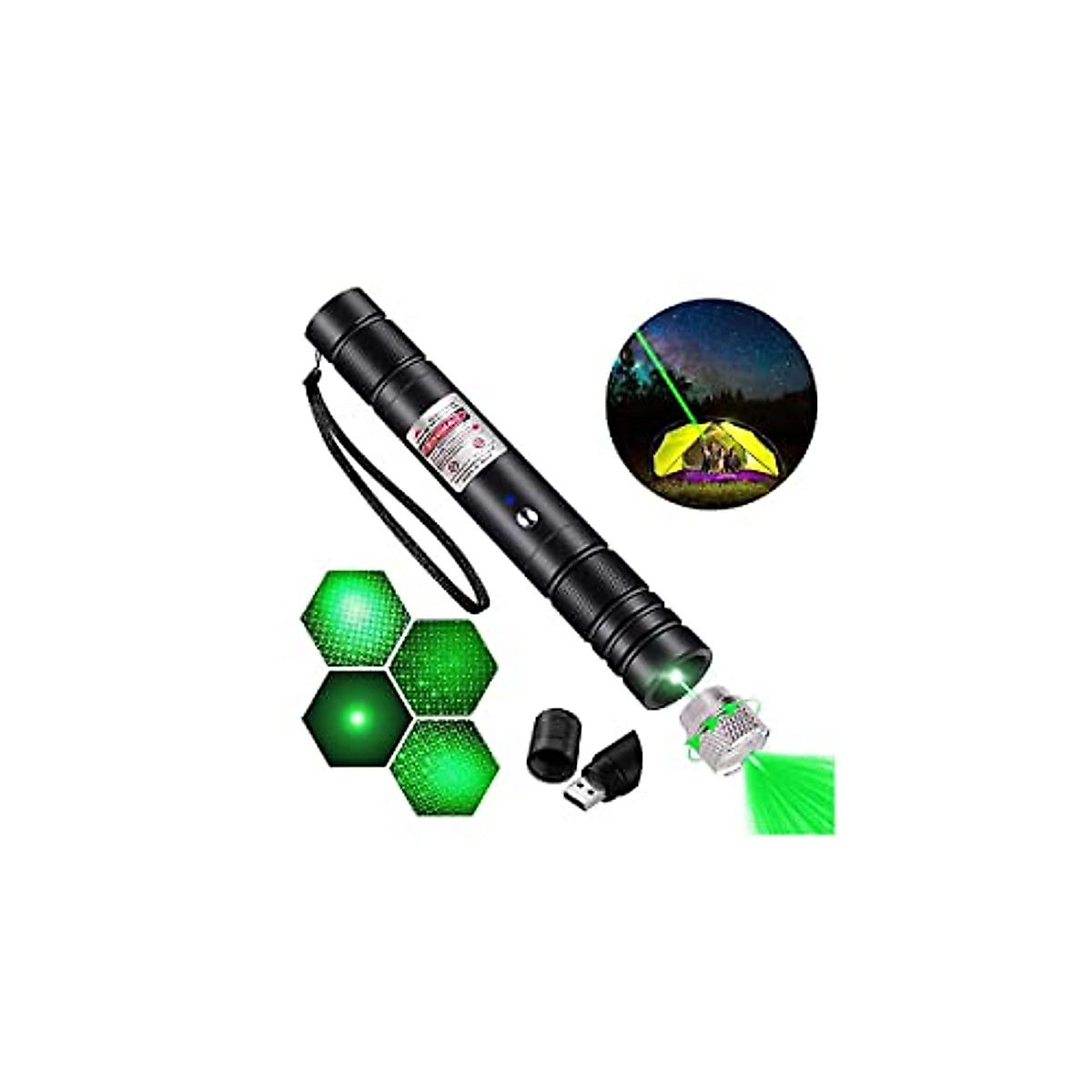 BKTLCAU High Power Laser Pointer, New Long Range Green Pointer, Tactical Flashlight Pen for Hiking, Hunting, Outdoor, USB Recharge. Star Cap Adjustable Focus for Night Camping