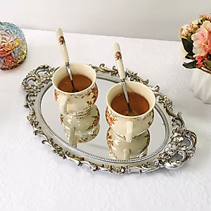Ham Oval Floral Wall Mirror Tray, Dresser Organizer Tray, Decorative Perfume Mirror Tray, Serving Tray, 9.5’’ X 14.5’’, Silver