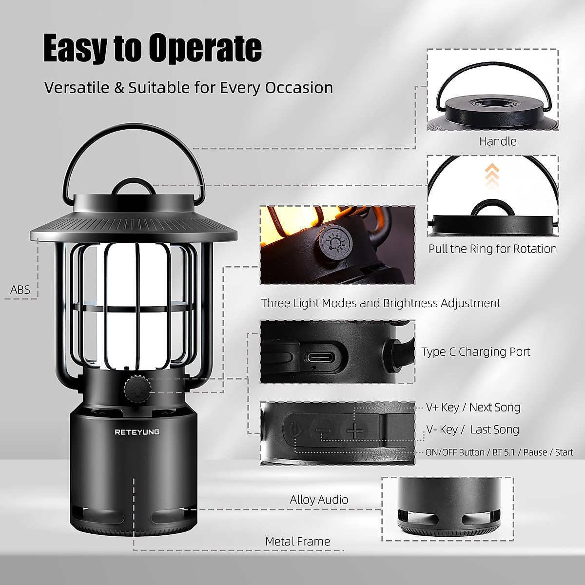 RETEYUNG Outdoor Bluetooth LED Flame Light Speaker With Wall Mount/Hook, IP65 Waterproof for Patio/Party/Camping - Portable Wireless for Men Women Fathers