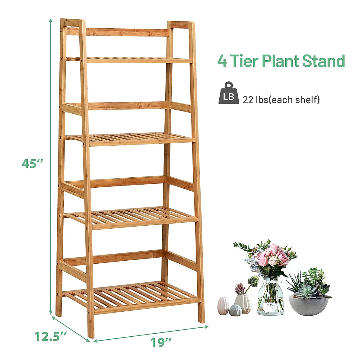Giantex 4-Tier Ladder Shelf Plant Stand, Bamboo Flower Pots Holder Display Rack, Multifunctional Ladder-Shaped Bookshelf Storage Shelves for Home Office Living Room Bathroom Bedroom Kitchen (Natural)