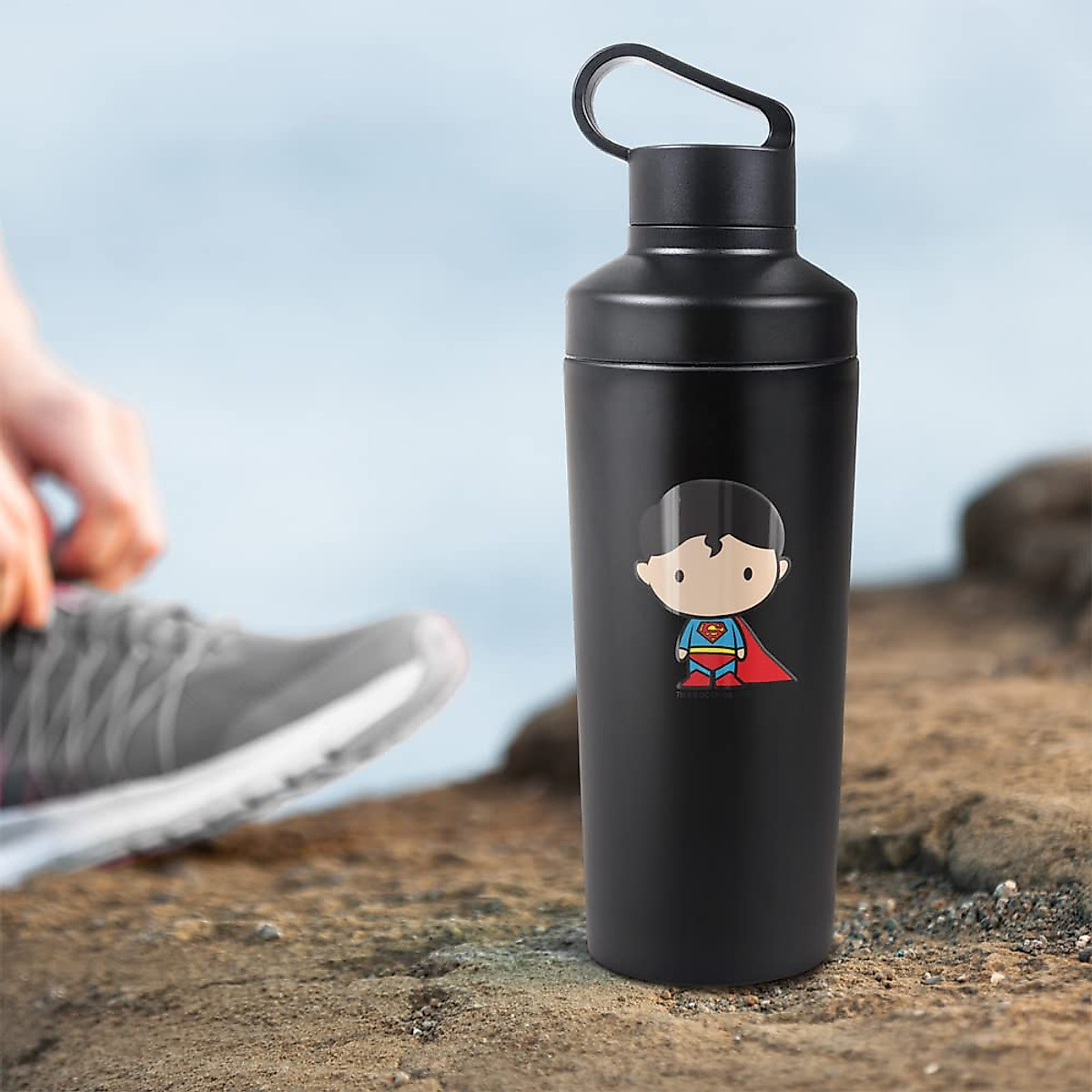 Superman OFFICIAL Superman Cute Chibi Character Pattern 18 oz Insulated Water Bottle, Leak Resistant, Vacuum Insulated Stainless Steel with 2-in-1 Loop Cap