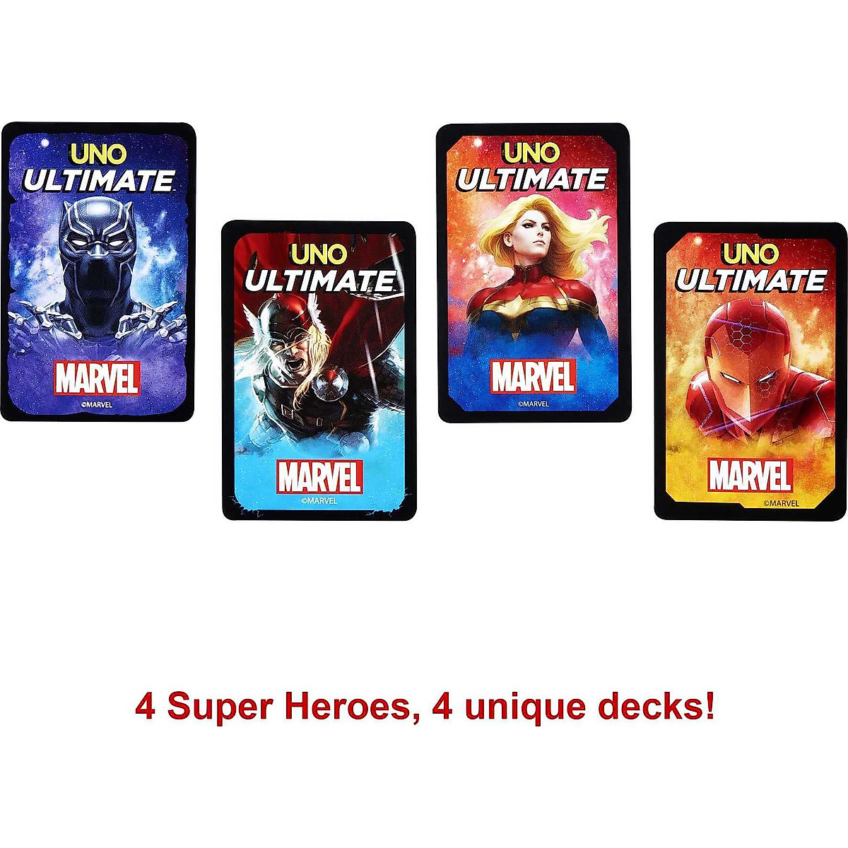 Mattel Games UNO Ultimate Marvel Card Game with 4 Collectible Foil Cards, Character-Themed Decks & Special Rules for Ages 7 Years & Older