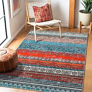 Vibrant Boho Area Rug 3x5 ft - Washable & Non-Slip Small Throw Colorful Rug - Home Decor for Living Room, Bedroom, Entryway