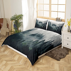 Feelyou Smoky Mountain Bedding Set for Adults Trees Natural Scenery Art Comforter Cover Set Nature Lover Gift Room Decorative Duvet Cover Foggy Scenic Bedspread Cover Queen Size 3Pcs Bedclothes