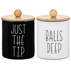 2 Pack Apothecary Jars with Bamboo Lids for Bathroom Organization - Qtip Holder and Cotton Ball Dispenser- Rustic Farmhouse Home Decor Clearance Gift - Cute Bathroom Organizer Canisters, Accessories