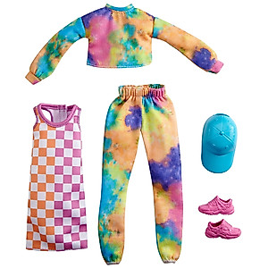 Barbie Fashions 2-Pack Clothing Set, 2 Outfits Doll Include Tie-Dye Joggers & Sweatshirt, Checked Dress, Blue Cap & Pink Sneakers, Gift for Kids 3 to 8 Years Old