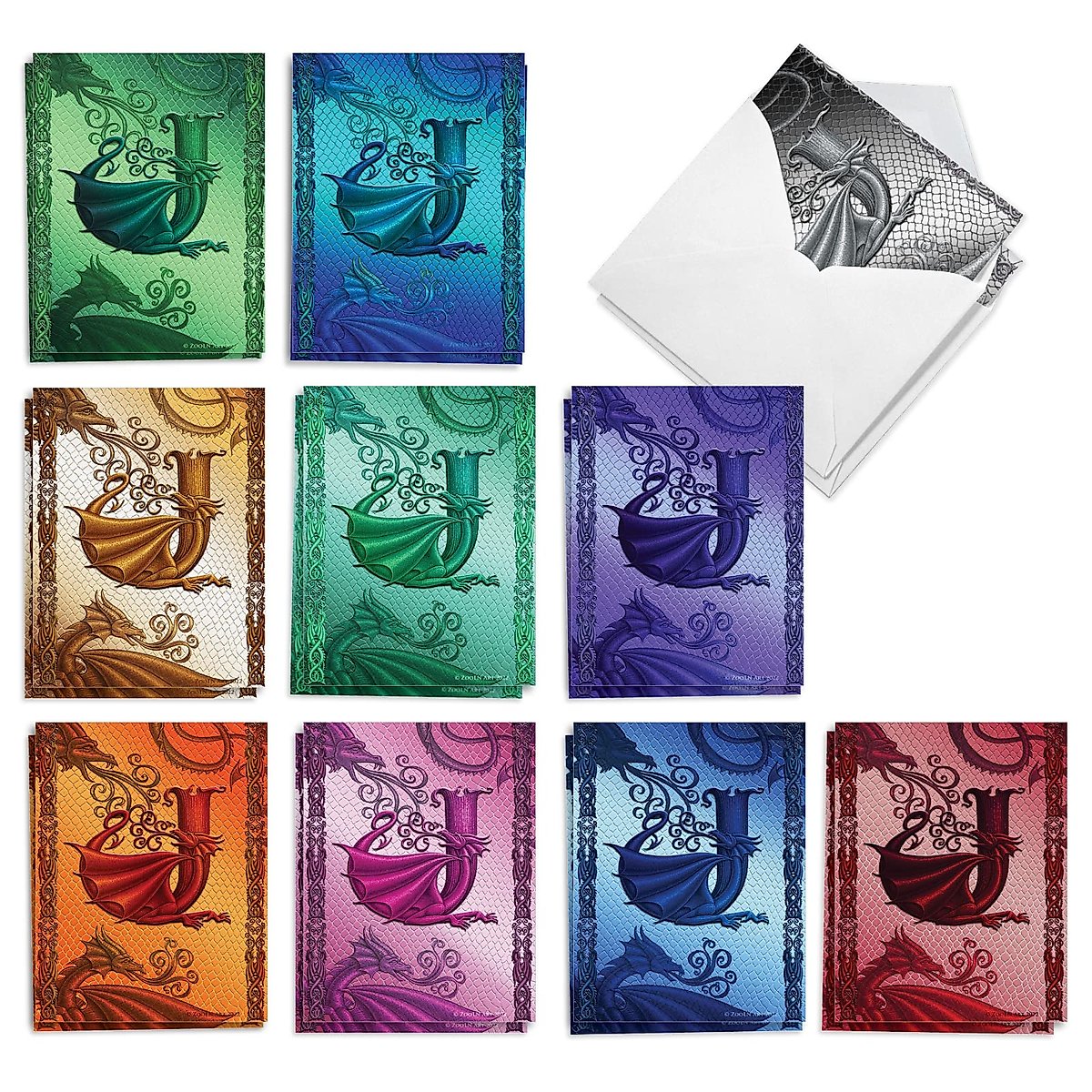 The Best Card Company - 20 Assorted Colored Monogram Blank Notecards, Personal Stationary Bulk Box Set 4 x 5.12 Inch w/Envelopes, Miss you and Just Because Notes - Dragon Initials J AM10319OCB-B2x10