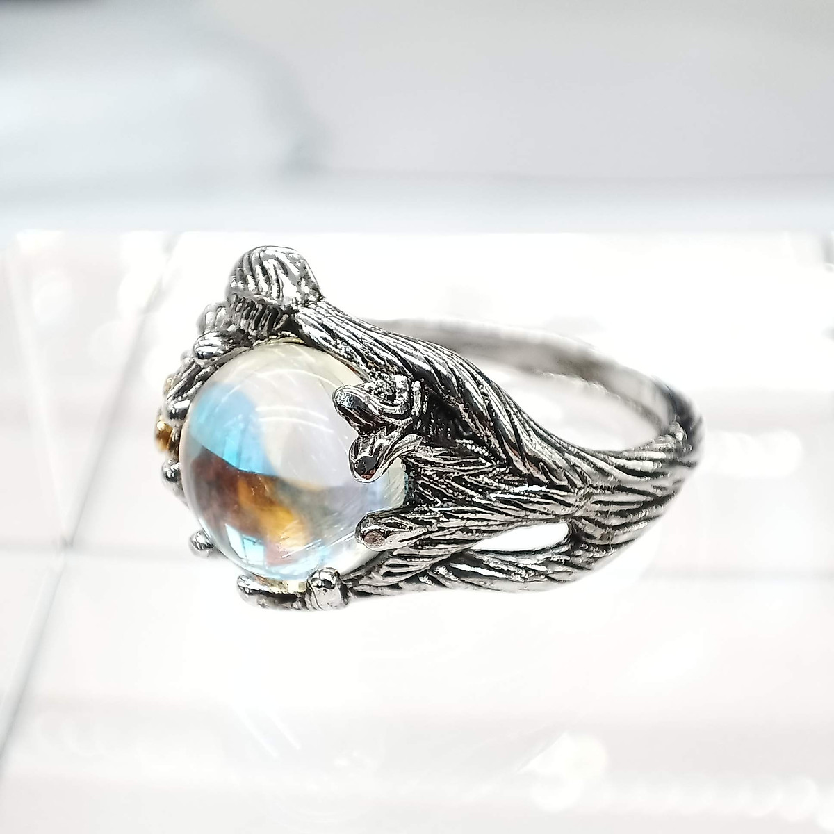 JESMING Rose Moonstone Ring Moon Ring 925 Cute Sterling Silver Rings Leaf Ring Wiccan Jewelry Rose Flower Ring Witchy Jewelry Healing Crystals Ring Antique Rings Moon Stones Ring for Women (SIZE:10)