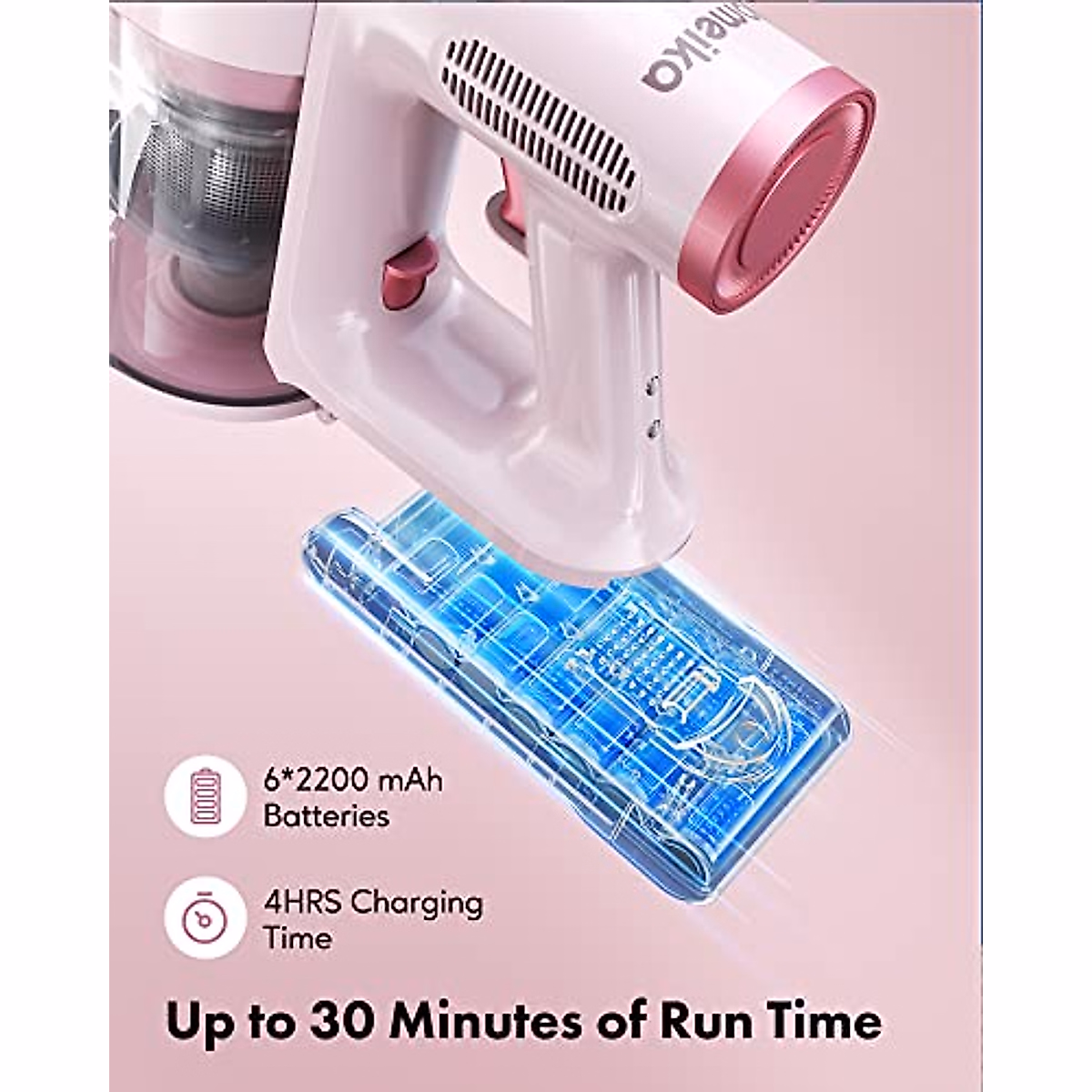 Homeika Cordless Stick Vacuum Cleaner, 20Kpa Powerful Suction Vacuum Cleaner with LED Display, 30 Min Runtime Detachable Battery, 1.5L Dust Cup, for Carpet and Hard Floor Pet Hair (Pink)