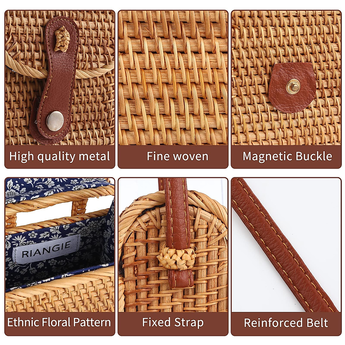 RIANGIE Straw Beach Bag Boho Gift for Women Hippy Rattan Purse Crossbody Woven Phone Bag with Shoulder Strap