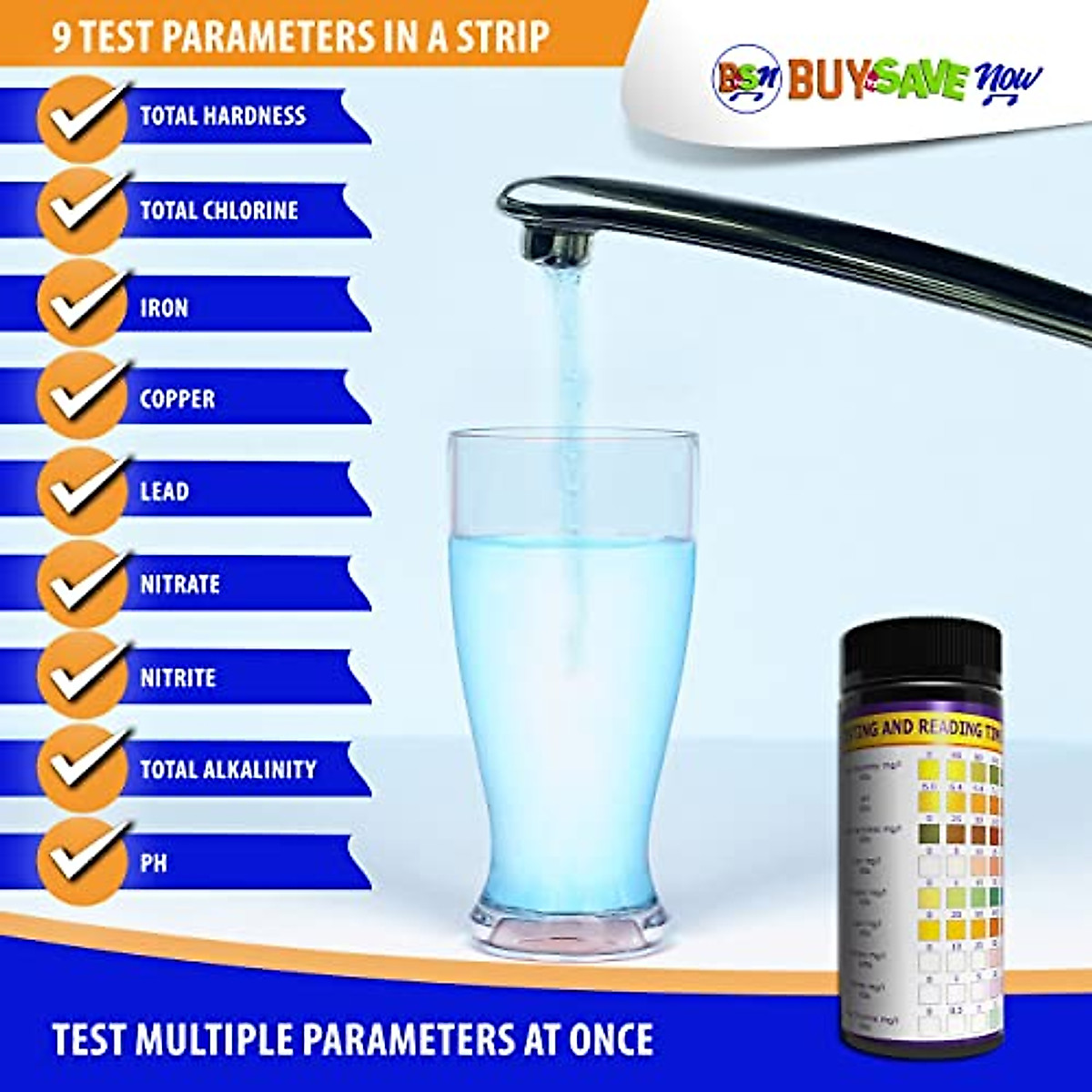BNS 9 in 1 Drinking Water Test Strips. Accurate Tester Strip for pH, Chlorine, Nitrite, Nitrate, Lead, Total Hardness, and More. Home Test with Easy to Read Testing Results in Seconds.