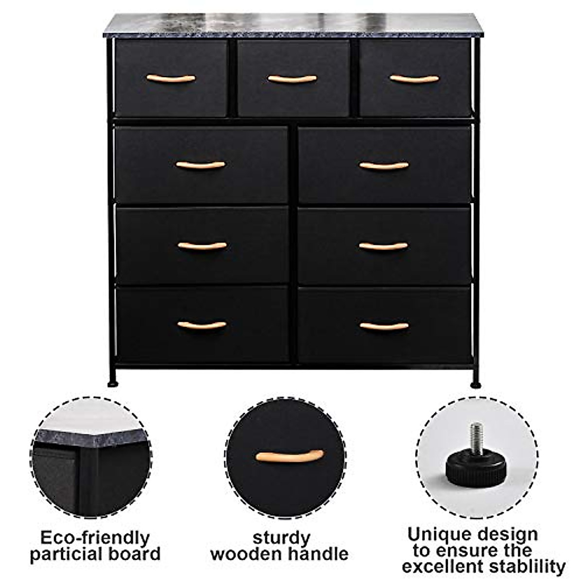 CERBIOR Wide Drawer Dresser Storage Organizer 9-Drawer Closet Shelves, Sturdy Steel Frame Marbling Wood Top with Easy Pull Fabric Bins for Clothing, Blankets (9-Black Drawers)