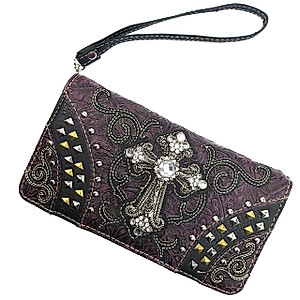 Justin West Clydesdale Tooled Leather Metal Stud Cross Conceal Carry Women Handbag Purse (Purple Wallet Only)