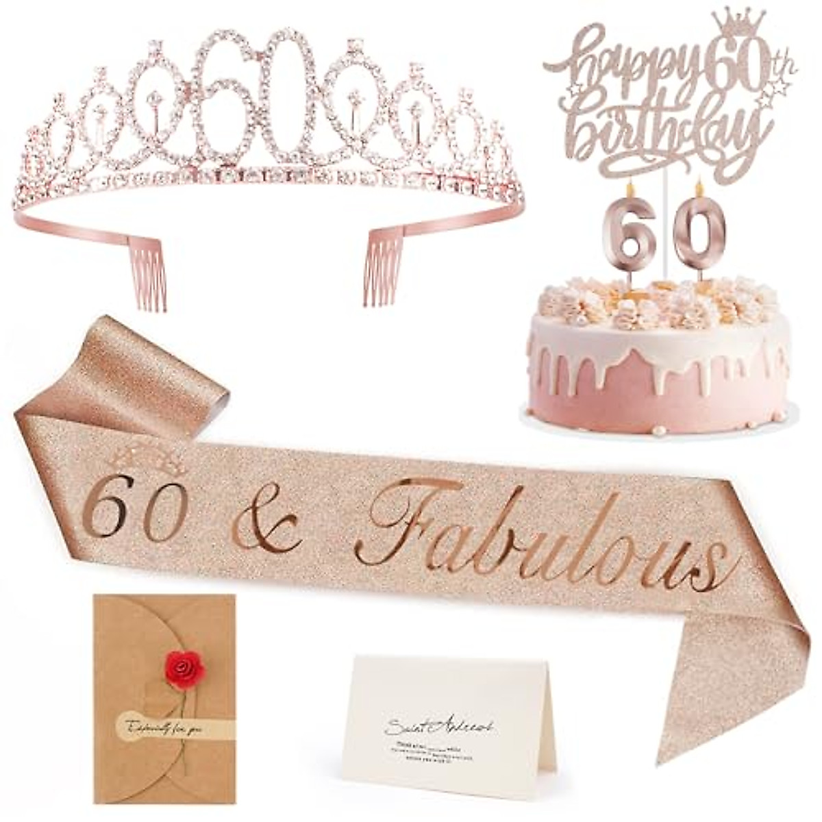 60th Birthday Decorations, Birthday Crown Set Includes Rose Gold Shoulder Strap, Cake Insert Plaque, 60th Font Candle, Kraft Greeting Card, and Simulated Roses Perfect for Women/Girls Birthday Party!