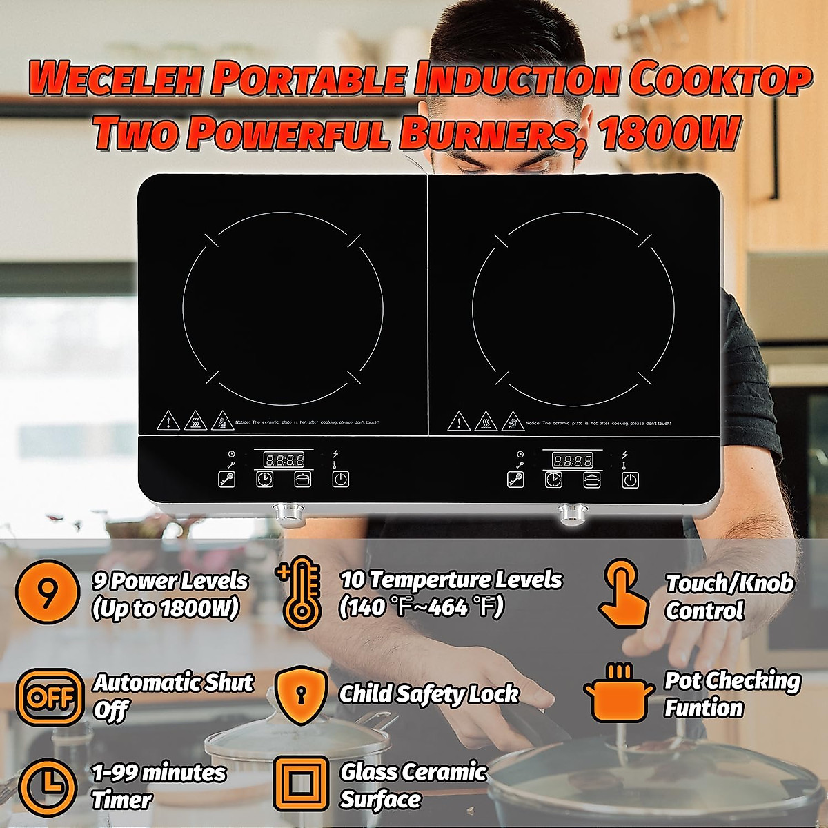 Weceleh Portable Double Induction Cooktop 1800W, 2 Burner Electric Cooktop, Countertop Induction Stove Top, Hot Plate, Induction Burner with Timer, 10 Temp Levels, Child Lock, 110V-120V Plug, Black