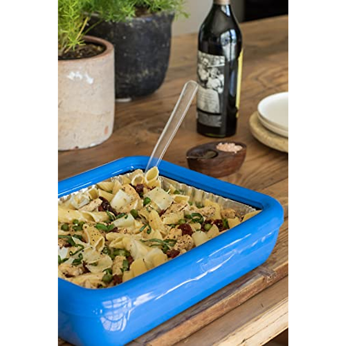 Fancy Panz Premium Dress Up & Protect Your Foil Pan, Made in USA. Hot/Cold Gel Pack, One Half Sized Foil Pan & Serving Spoon Included. Stackable for easy travel. (Denim Blue)