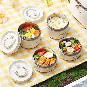 ArderLive Portable Insulated Lunch Container, Portable Insulated Food Container for Adults Thermal Lunch Bento Box Stainless Steel Microwave Safe, Beige 2Pcs 34oz/4.25 Cup