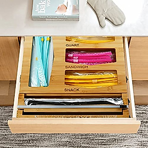 Blue Cheetah Creations All-In-One Bamboo Wood Bag Organizer, Foil and Wrap Dispenser with Cutter, Kitchen Drawer Organizer or Wall Mount, Detachable