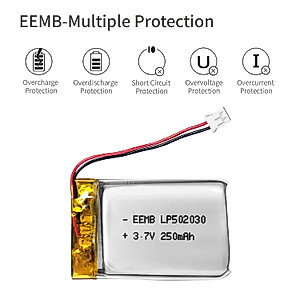 EEMB Lithium Polymer Battery 3.7V 250mAh 502030 Lipo Rechargeable Battery Pack with Wire JST 2.0mm Connector for VXI Blue Parrott- Confirm Device & Connector Polarity Before Purchase