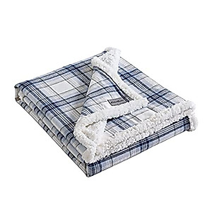 Eddie Bauer - Throw Blanket, Cotton Flannel Home Decor, All Season Reversible Sherpa Bedding (Edgewood Plaid Blue, Throw)