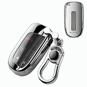 K LAKEY Jeep Key Fob Cover,Fit for Jeep Bottons Remote Key Grand Cherokee Renegade Compass Dodge Durango Journey Charger Challenger Key Fob,Smart Key Fob Soft TPU Case Shell with Alloy Keychain Silver
