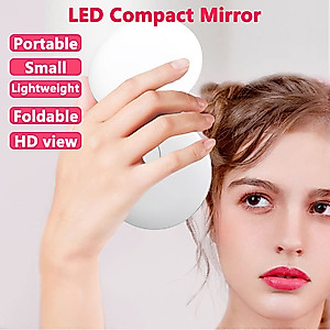 CigyYogy Small LED Compact Makeup Mirror Round Handheld Foldable - Magnifying Lighted Pocket Mirrors Double Sided with 1x/2x Magnification - Ideal Gift for Women Girls -White - 1 Pack
