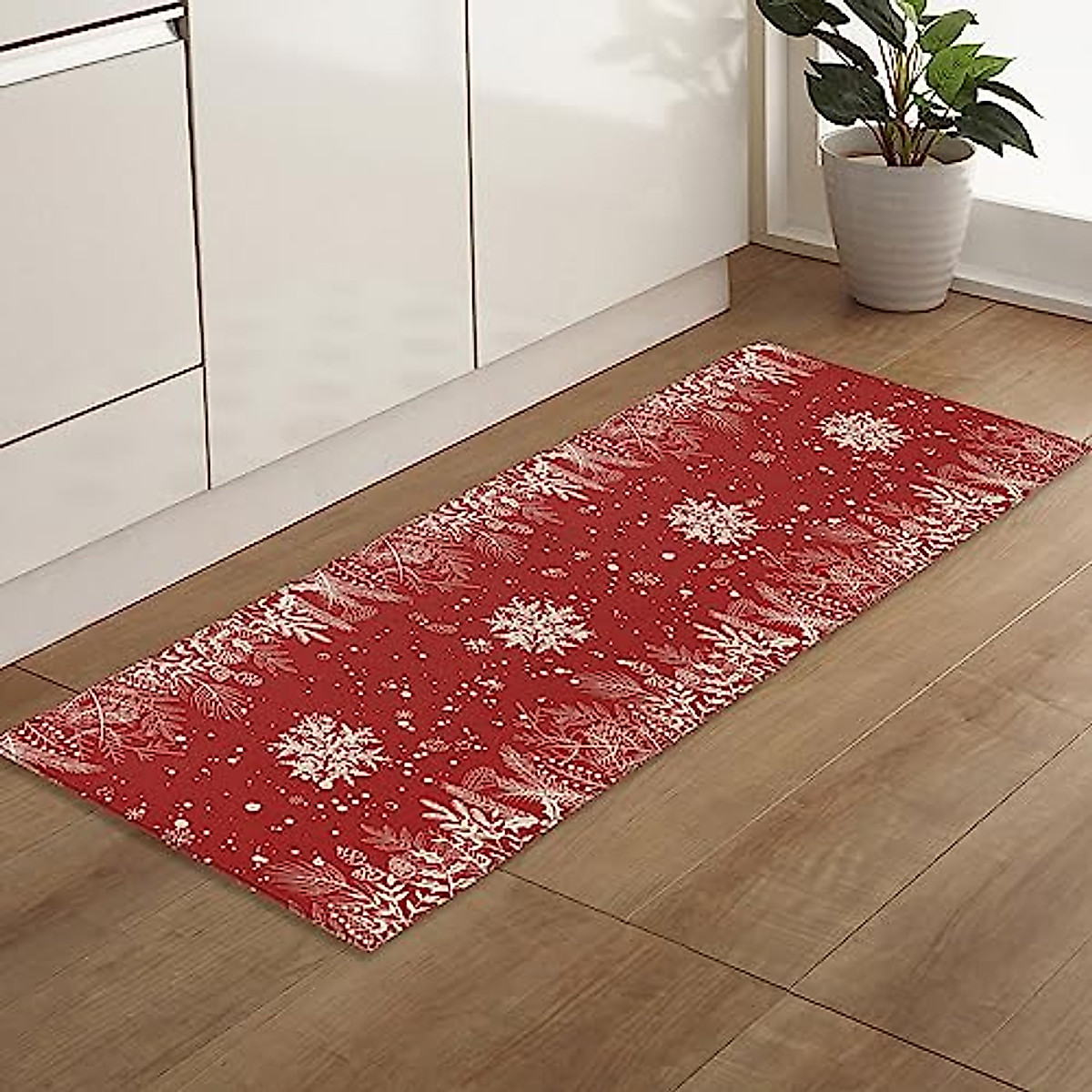 Christmas 2Pcs Kitchen Rugs, Anti Fatigue Kitchen Mat Non Slip Rug Runner Comfort Standing Floor Mats Kitchen Carpet Set for Sink, Laundry - Christmas Snowflakes with Plants Red Texture