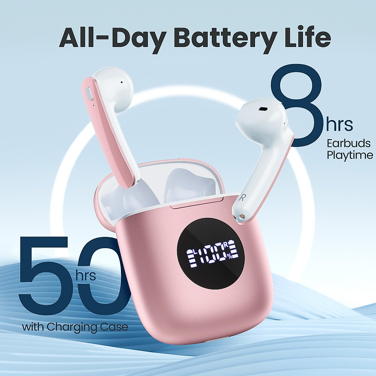 Bluetooth Headphones V5.3 Wireless Earbuds Ear buds with 50Hrs Battery Life Deep Bass Earphones with Wireless Charging Case & LED Power Display Waterproof Microphone Headset for TV Tablet Phone Pink