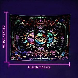 Tapestry Blacklight Tapestry Sun and Moon Tapestry UV Reactive Skull Tapestries Tirppy Wall Hanging psychedelic Black light Skeleton Tapestry for bedroom aesthetics Party Decor Poster 60x51 inch
