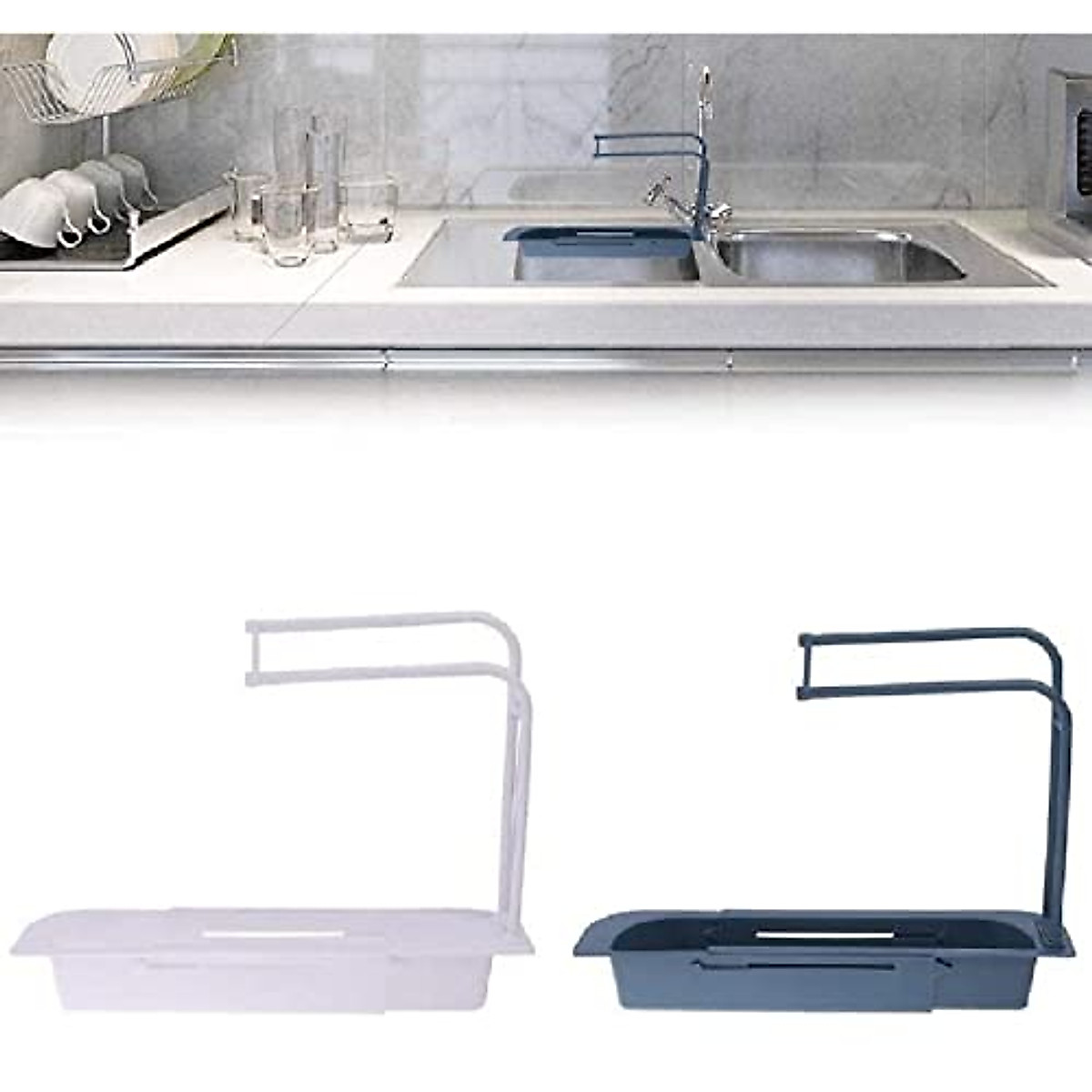 2 Pack Updated 2-in-1 Telescopic Sink Holder Rack Sink Organizer Expandable Storage Drain Basket Rack Sponge Soap Holder Drainer Sink Tray Adjustable Faucet Clip Drain Basket Rack for Home,Kitchen