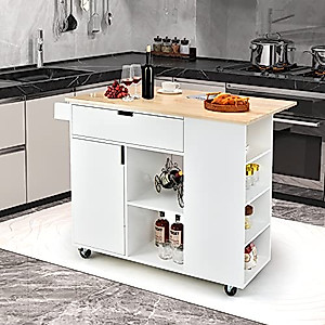 Giantex Kitchen Island Cart Drop-Leaf Countertop, Rubber Wood Breakfast Dining Table w/Large Drawer, Storage Shelves, 4-Tier Spice Rack, Rolling Serving Cart on 5 Wheels for Home Coffee Bar (White)