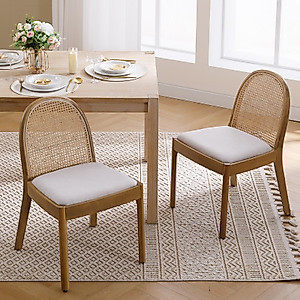Ya-Home Mid Century Dining Chairs Set of 2, Accent Rattan Linen Fabric Side Chairs Kitchen Chair with Solid Wooden Legs for Living Room Dining Room, Beige