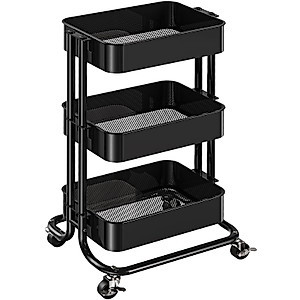 Pipishell 3 Tier Metal Rolling Utility Cart, Heavy-Duty Storage Rolling Cart with 2 Lockable Wheels, Multifunctional Mesh Organization Utility Cart for Kitchen Dining Room Living Room (Black)
